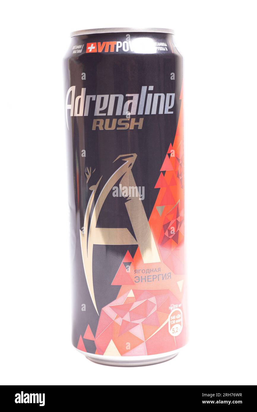 Moscow, Russia, August 05, 2023: Non-alcoholic energy drink Adrenaline Rush Berry Energy Stock ...