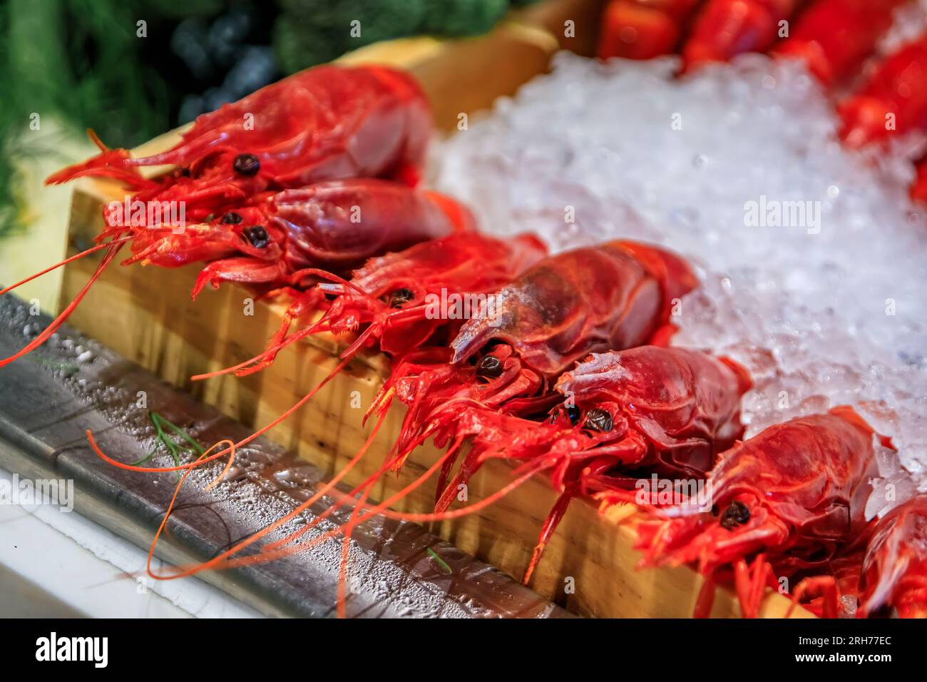 Selection of fresh raw red prawns on ice on display at a high end ...