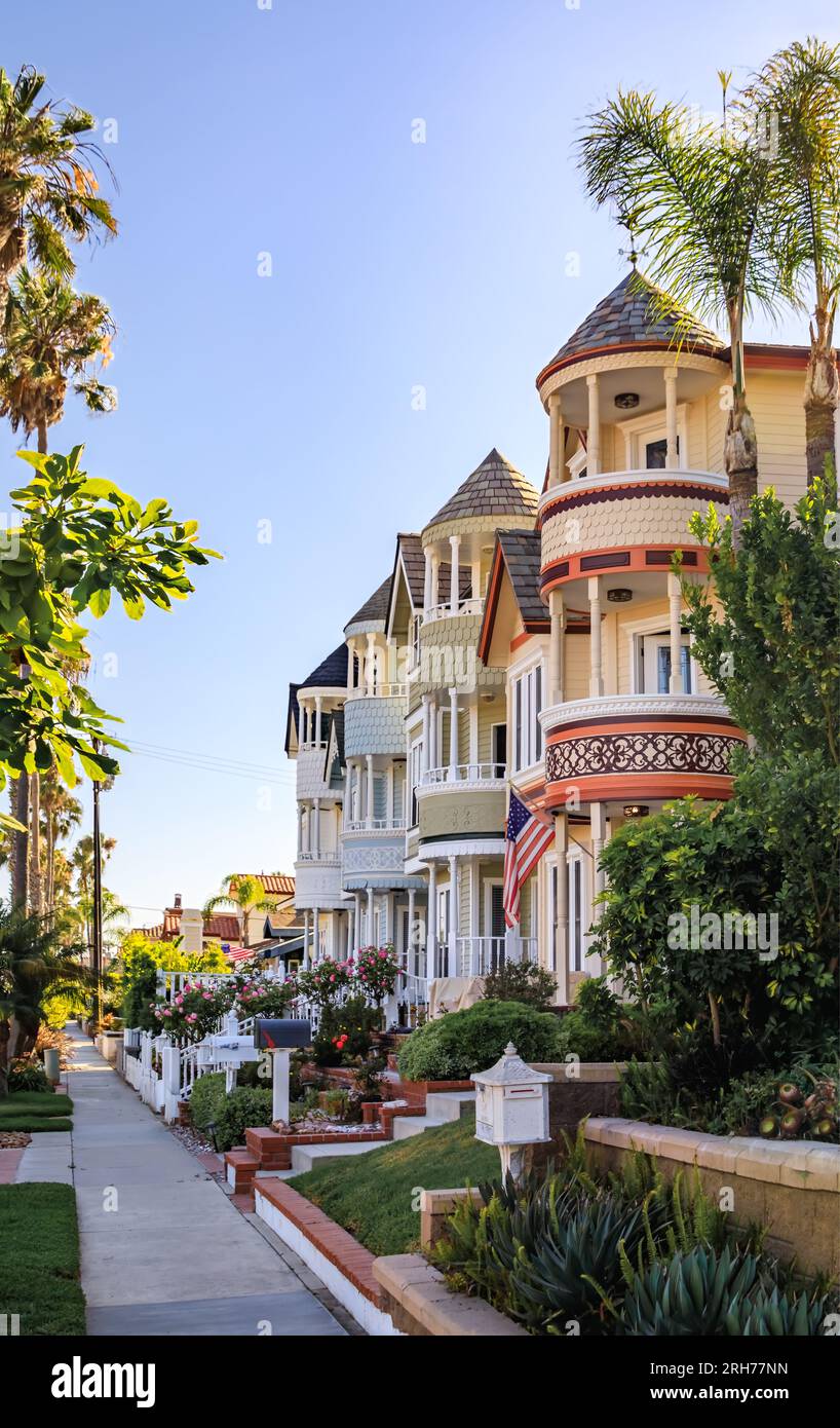 Ornate old Victorian houses on a street lined with palm trees in ...