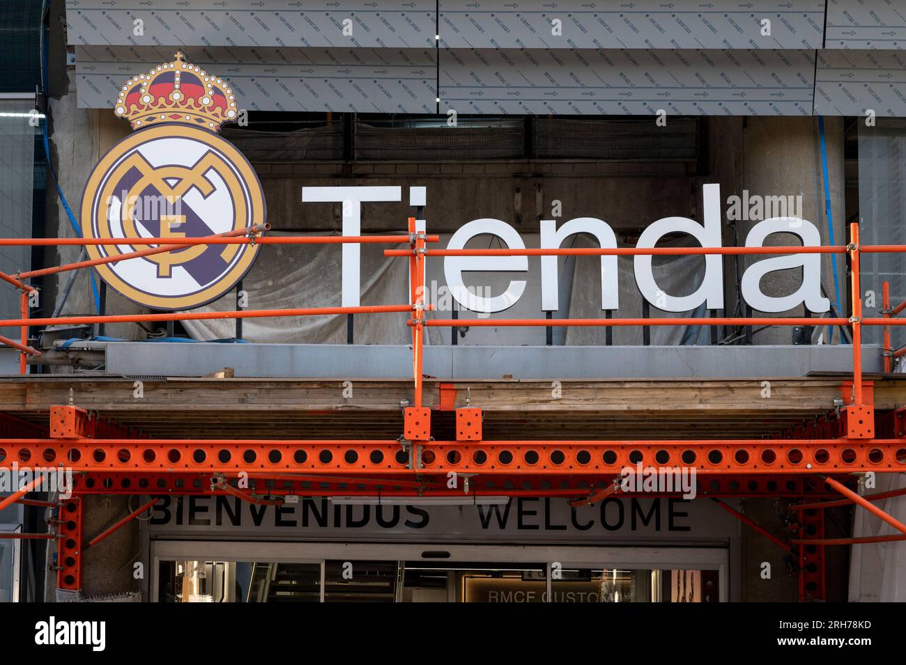 Madrid, Spain. 14th Aug, 2023. A sign of Real Madrid´s official branded ...