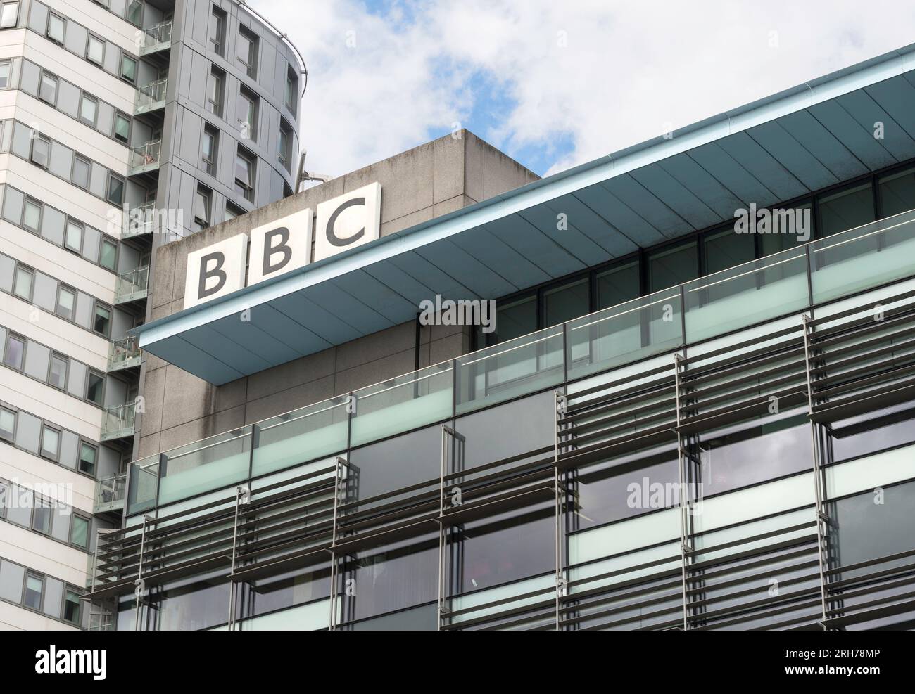 The BBC logo on the BBC studios in MediacityUK, Salford, England, UK ...