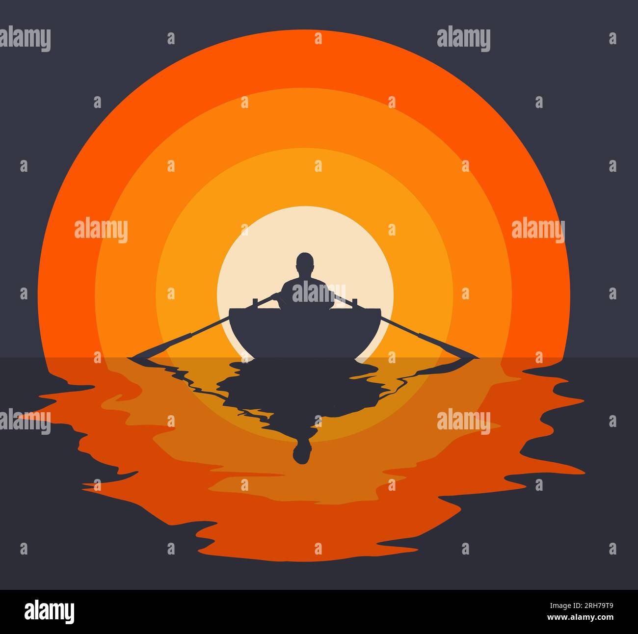 A man pulls on his oars to row a boat with the setting sun in the ...