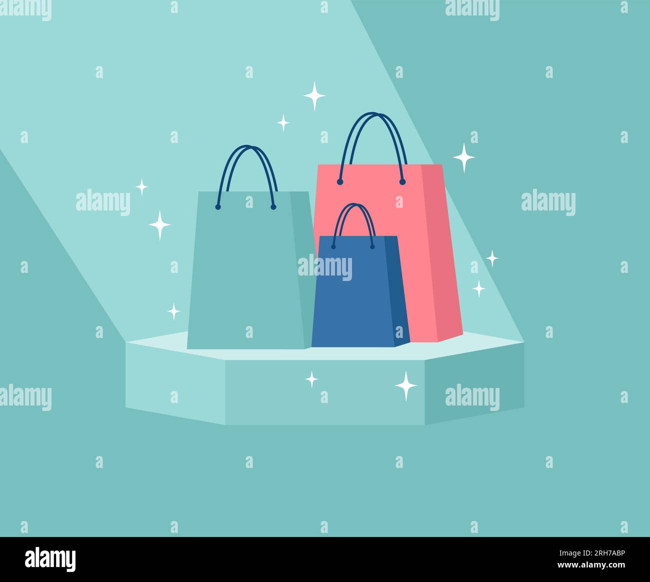 Glowing shopping bags on a pedestal under a beam of light. Flat vector ...