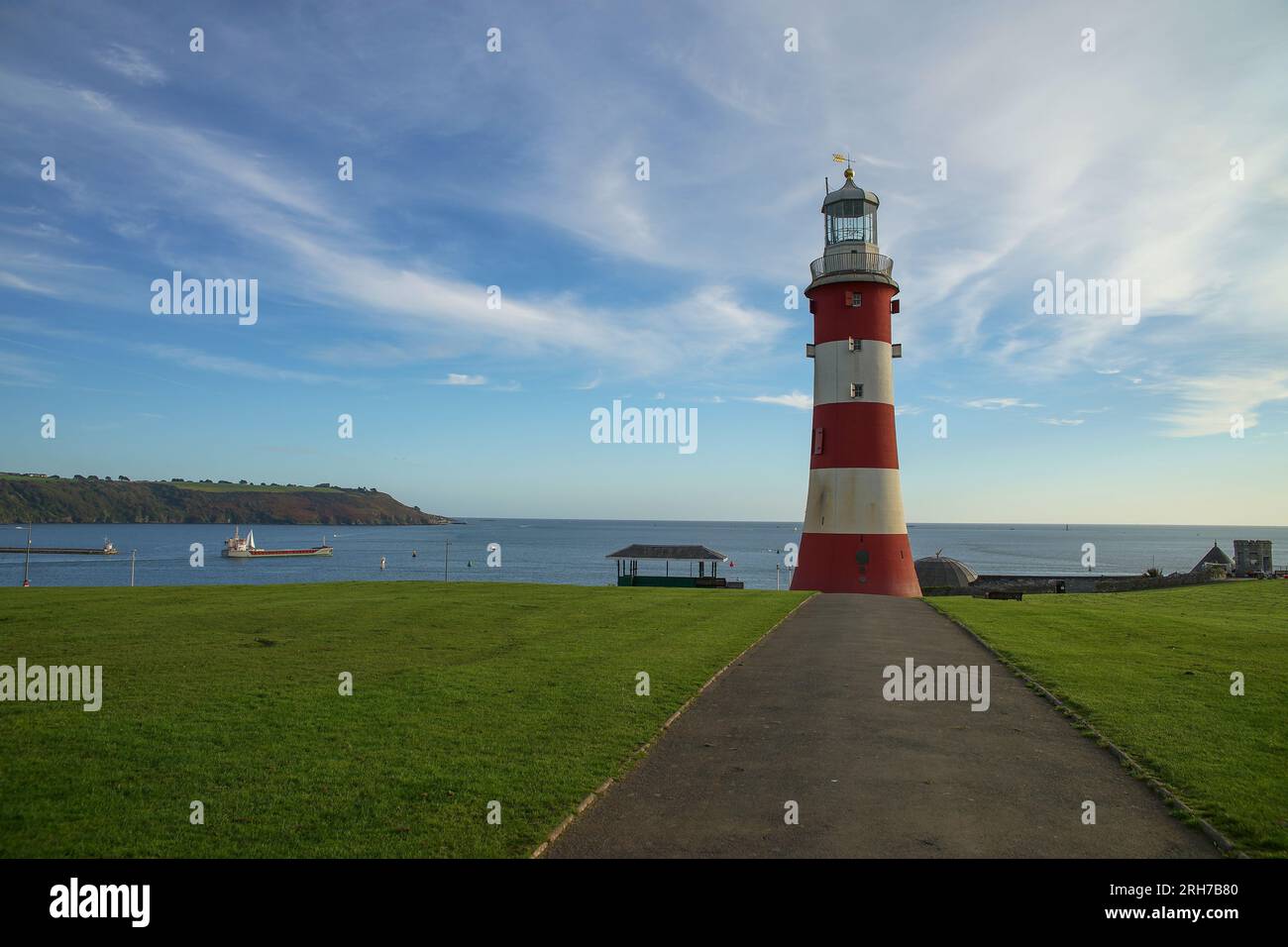 Plymouth red and white lighthouse. Blue sky at background Stock Photo ...