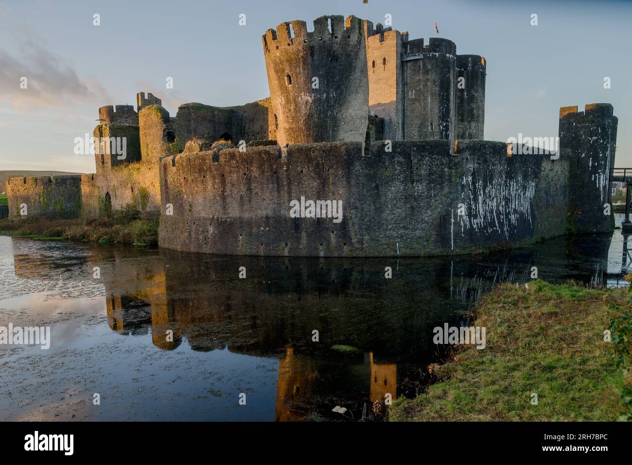 Carphilly Castle in South Wales. Medieval stronghold with moad Stock ...