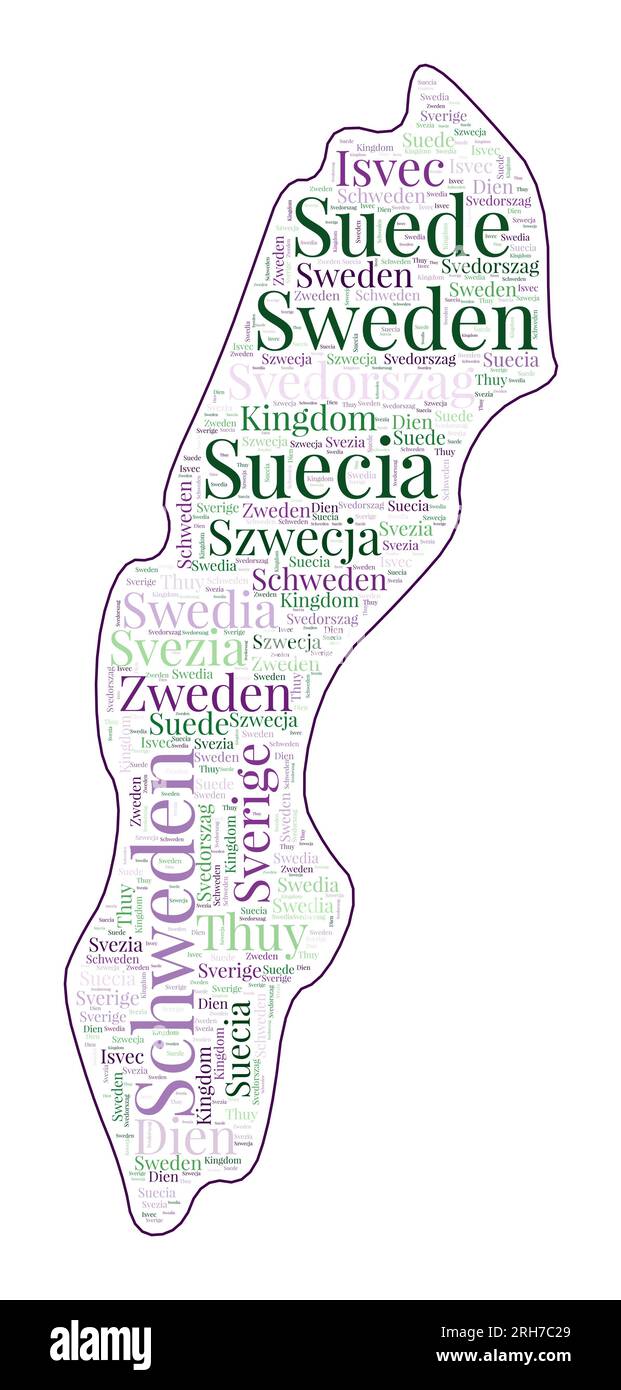 Sweden shape filled with country name in many languages. Sweden map in ...