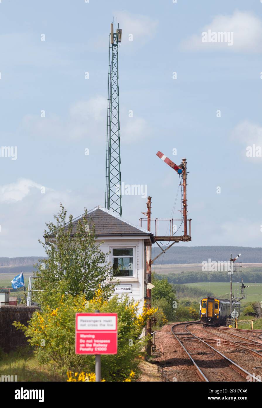 Scotrail class 156 sprinter train passing the mechanical signal box and ...