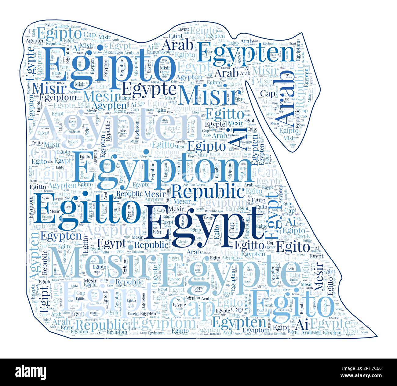 Egypt shape filled with country name in many languages. Egypt map in ...