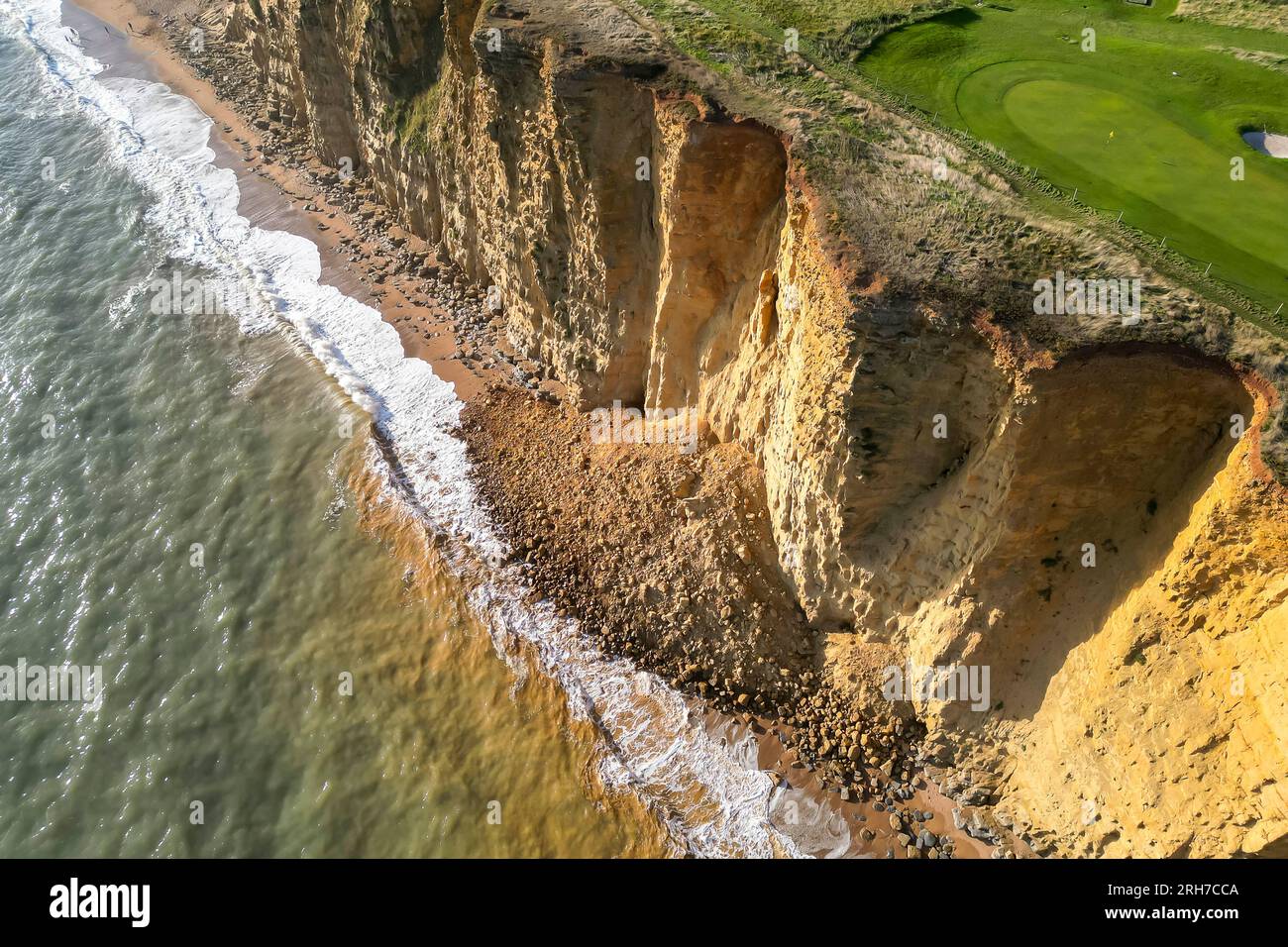 West Bay, Dorset, UK. 14th August 2023. UK Weather. View from the air of the recent rockfall on ...