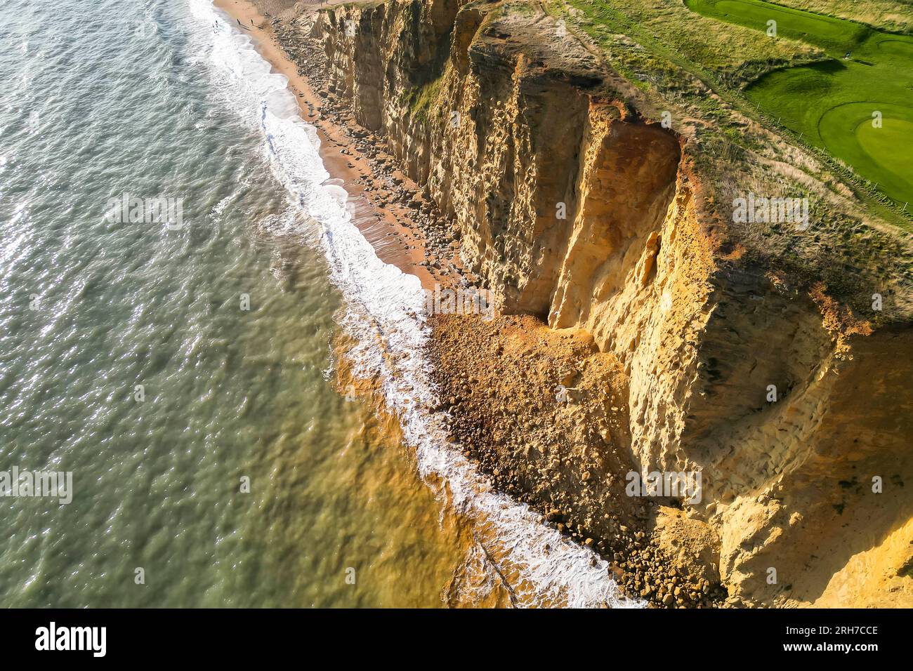 West Bay, Dorset, UK. 14th August 2023. UK Weather. View from the air of the recent rockfall on ...