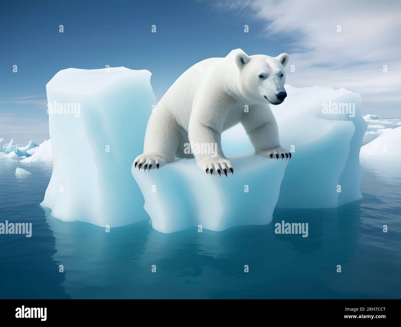 A polar bear is standing on a small melting iceberg in the middle of ...