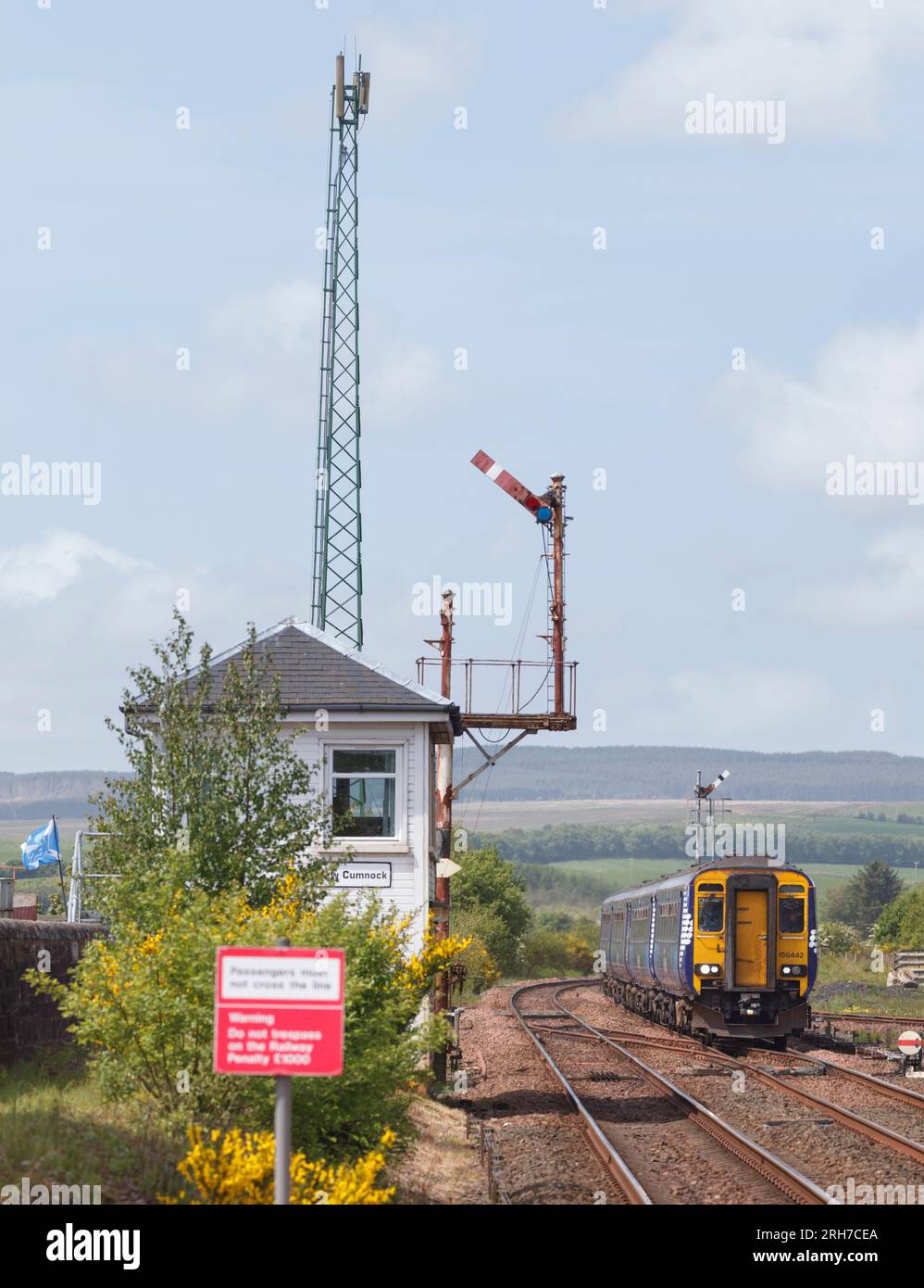 Scotrail class 156 sprinter train passing the mechanical signal box and ...