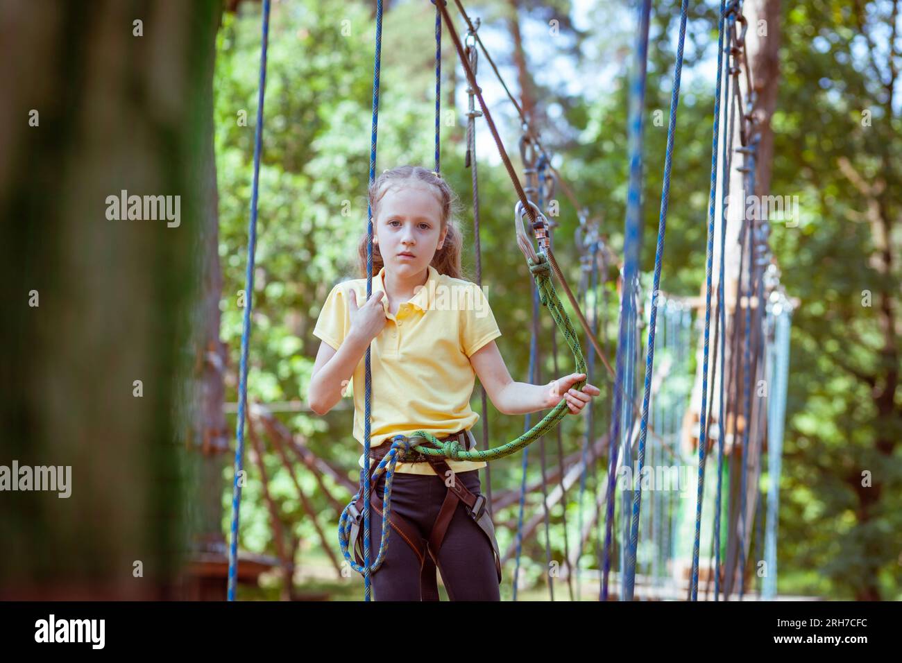 Child in a forest adventure park made of ropes. Children's outdoor ...