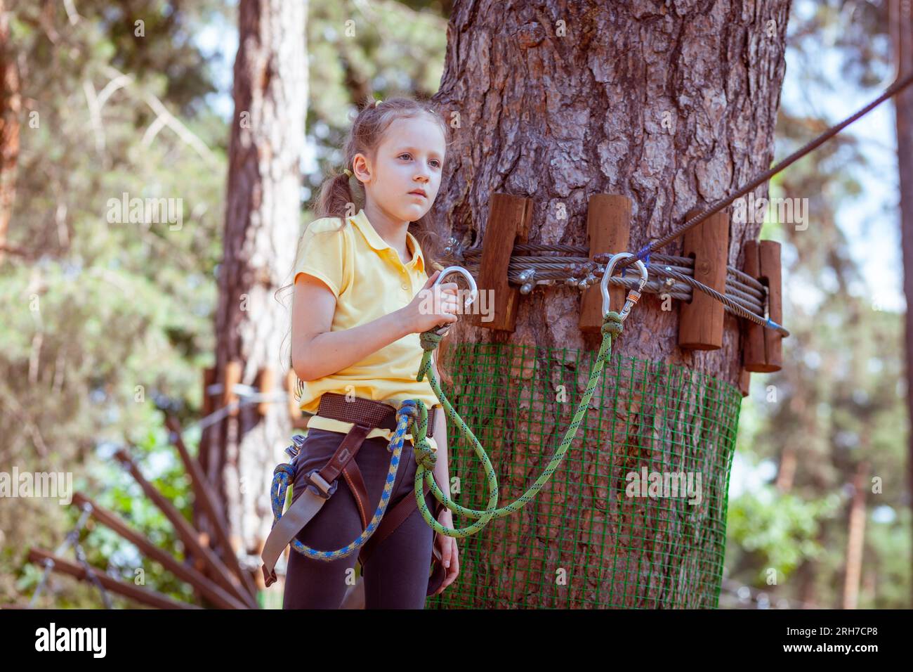 Child in a forest adventure park made of ropes. Children's outdoor ...
