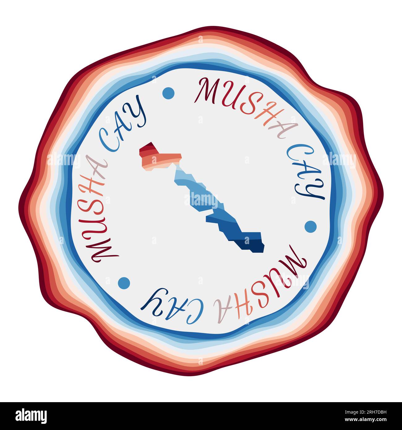Musha Cay badge. Map of the island with beautiful geometric waves and vibrant red blue frame ...
