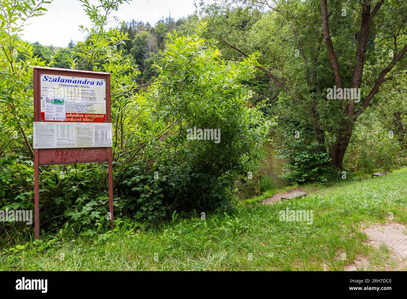 Sign for anglers at artificial lake in forest, Szalamandra-to, Sopron ...
