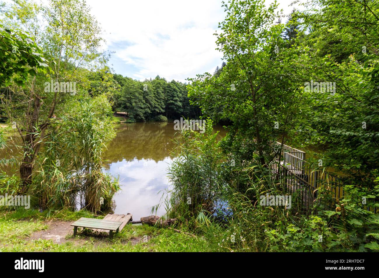 Artificial lake in forest with flood control sluice, Szalamandra-to ...