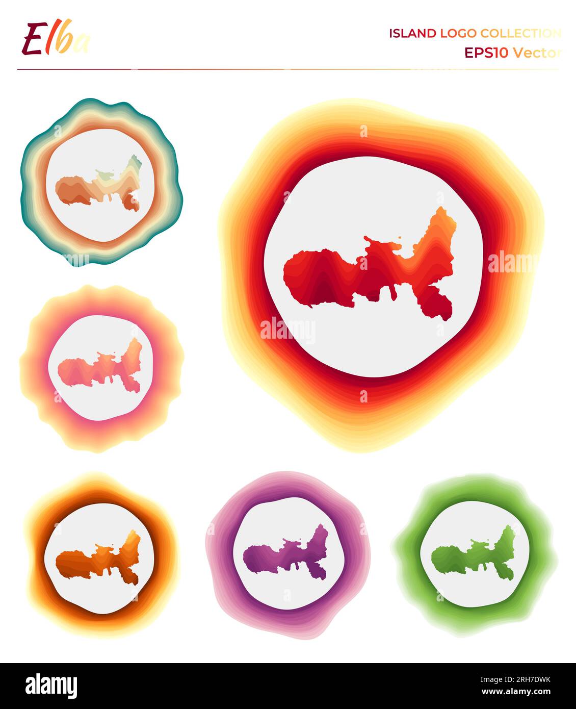 Elba logo collection. Colorful badge of the island. Layers around Elba border shape. Vector ...