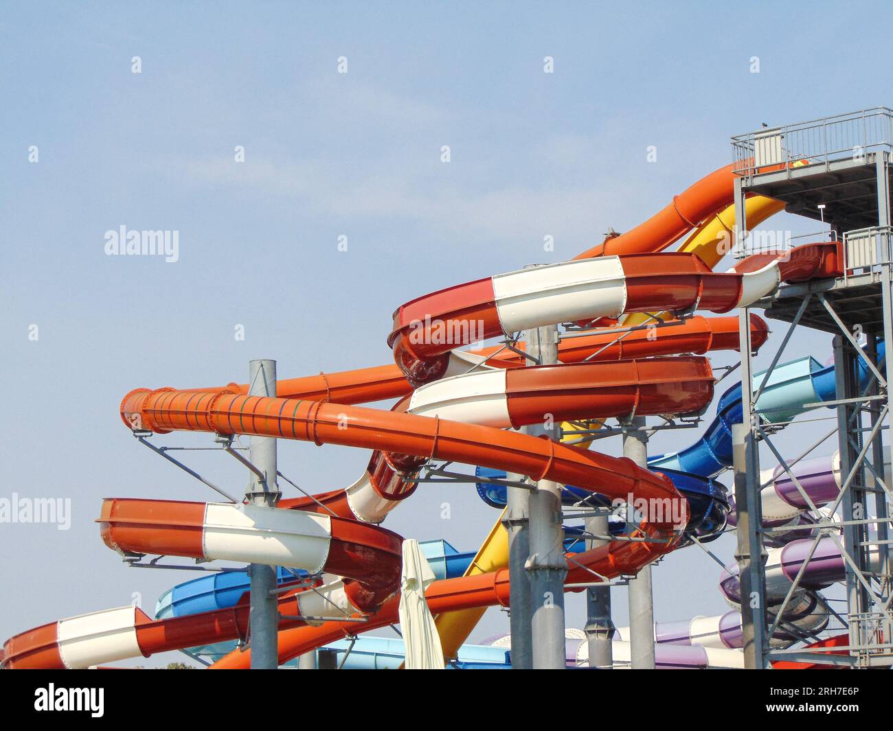 The slides of an aquapark. Aquapark Nymphaea in Oradea city, Romania ...