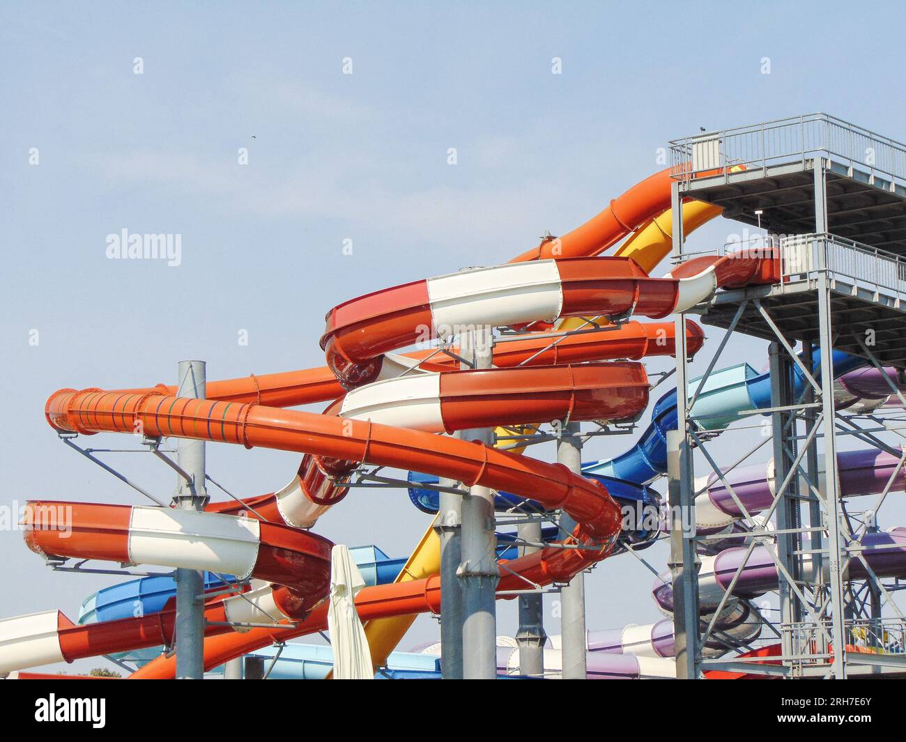 The slides of an aquapark. Aquapark Nymphaea in Oradea city, Romania ...