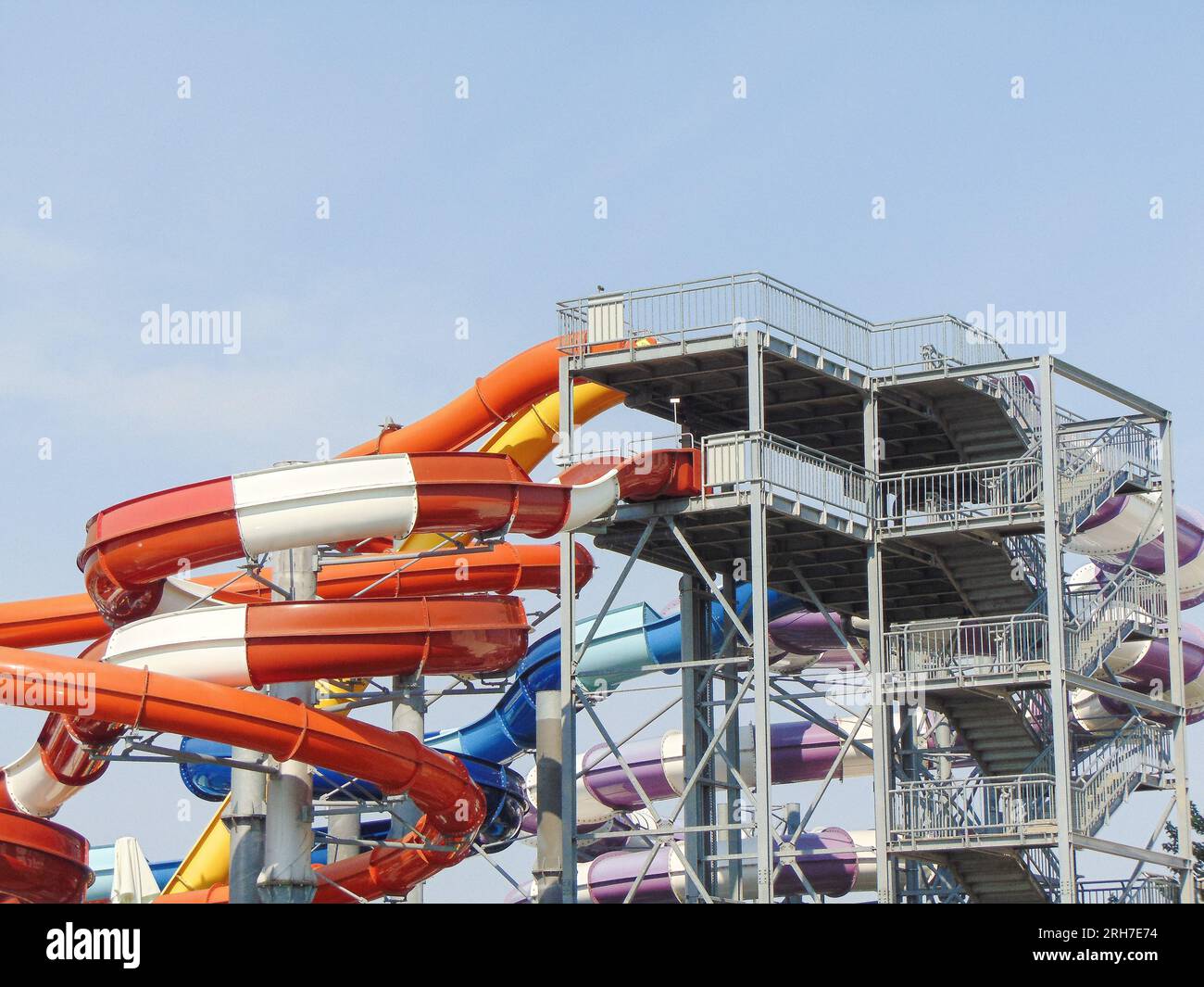The slides of an aquapark. Aquapark Nymphaea in Oradea city, Romania ...