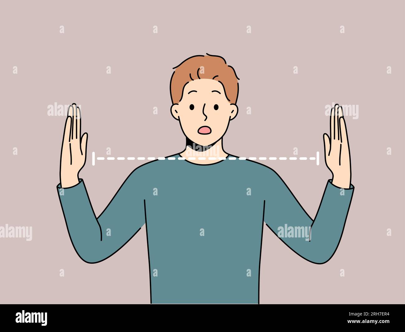 Surprised man spreads arms wide and is shocked by size of object or ...