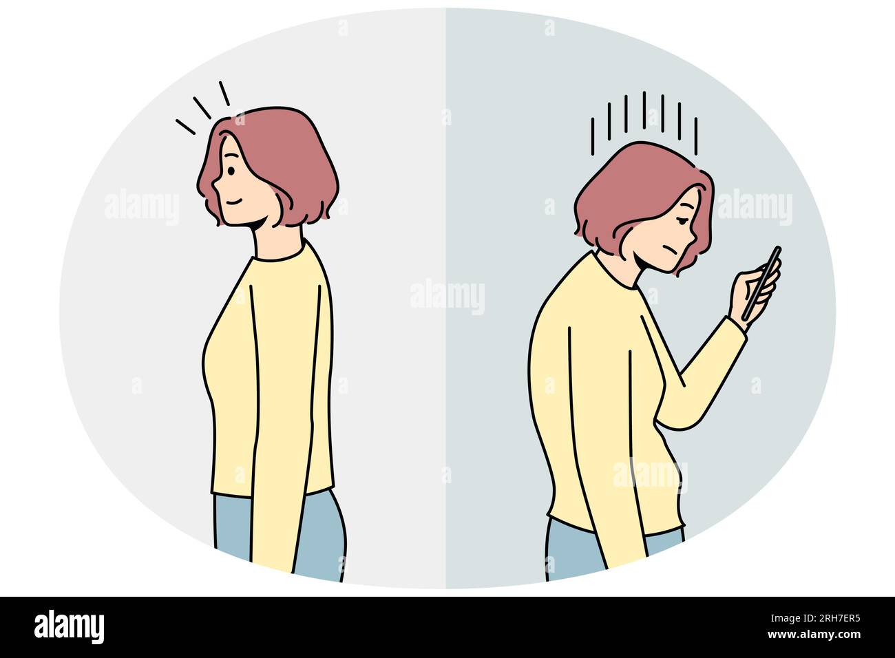 Woman with smartphone bad posture compared with good posture. Back ...