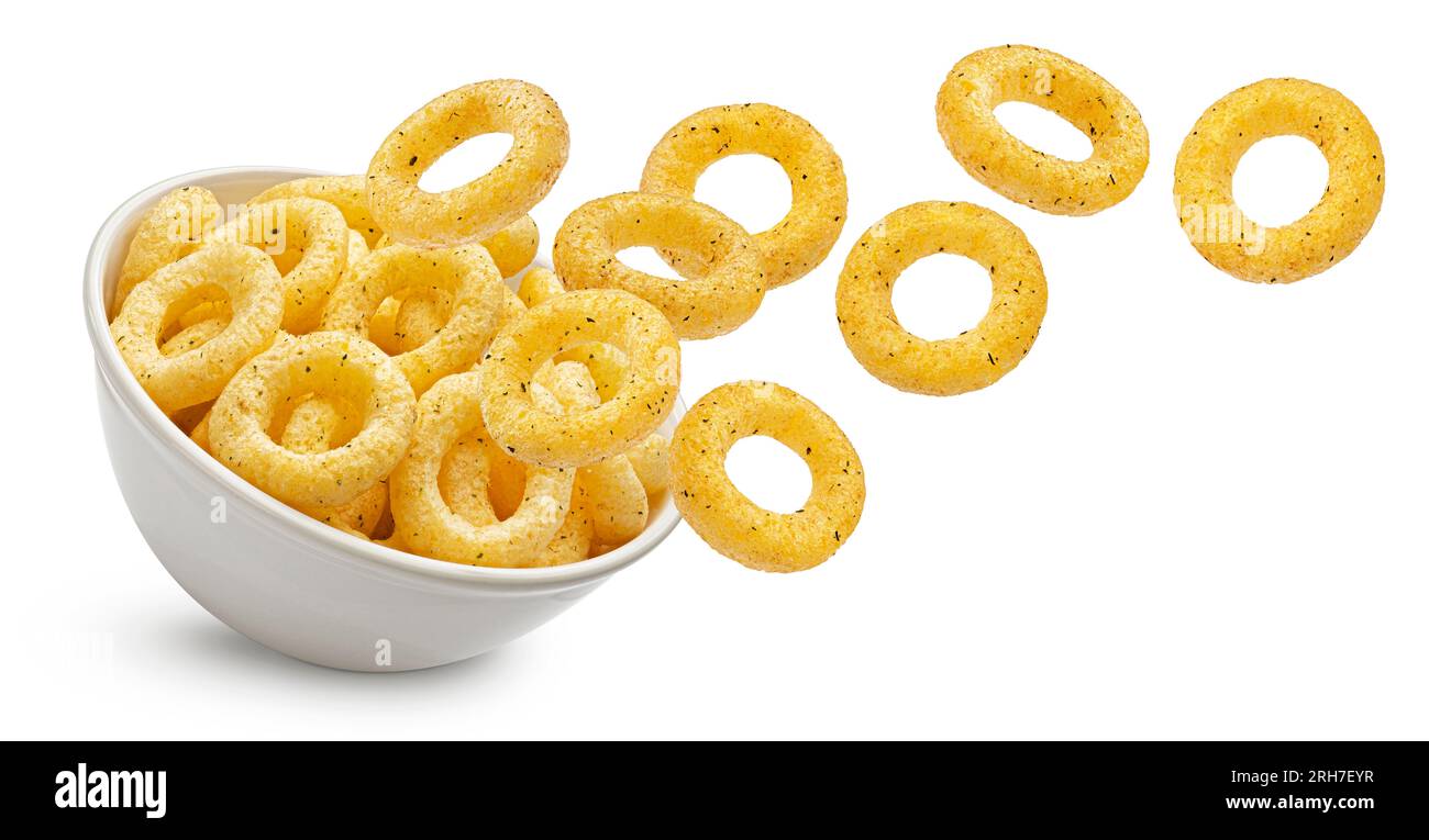 Falling crispy onion rings isolated on white background Stock Photo - Alamy