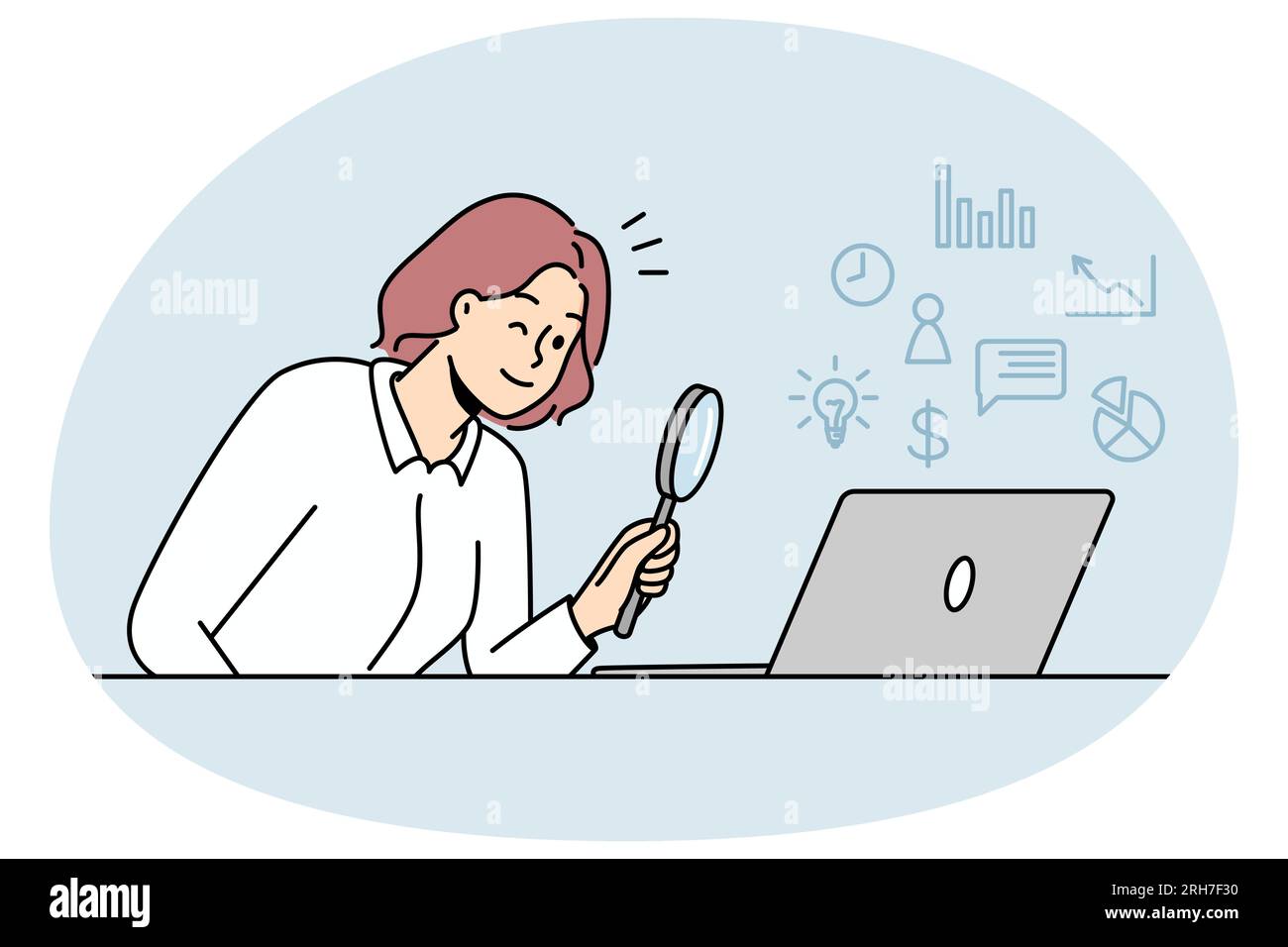 Woman looking at laptop screen with magnifying glass exploring online ...