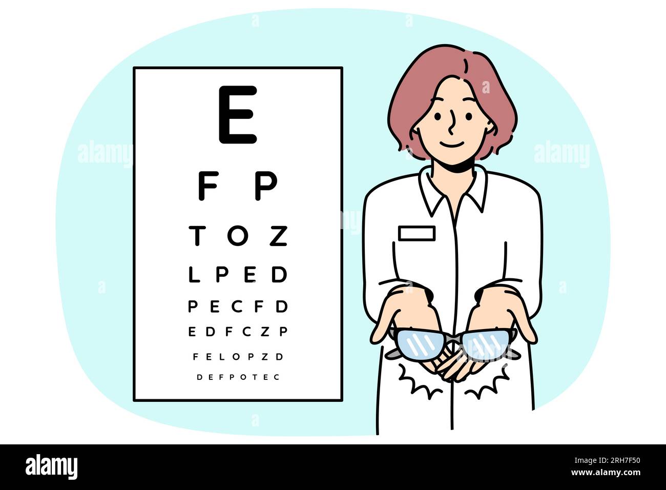 Female ophthalmologist holding glasses on background eye check chart ...