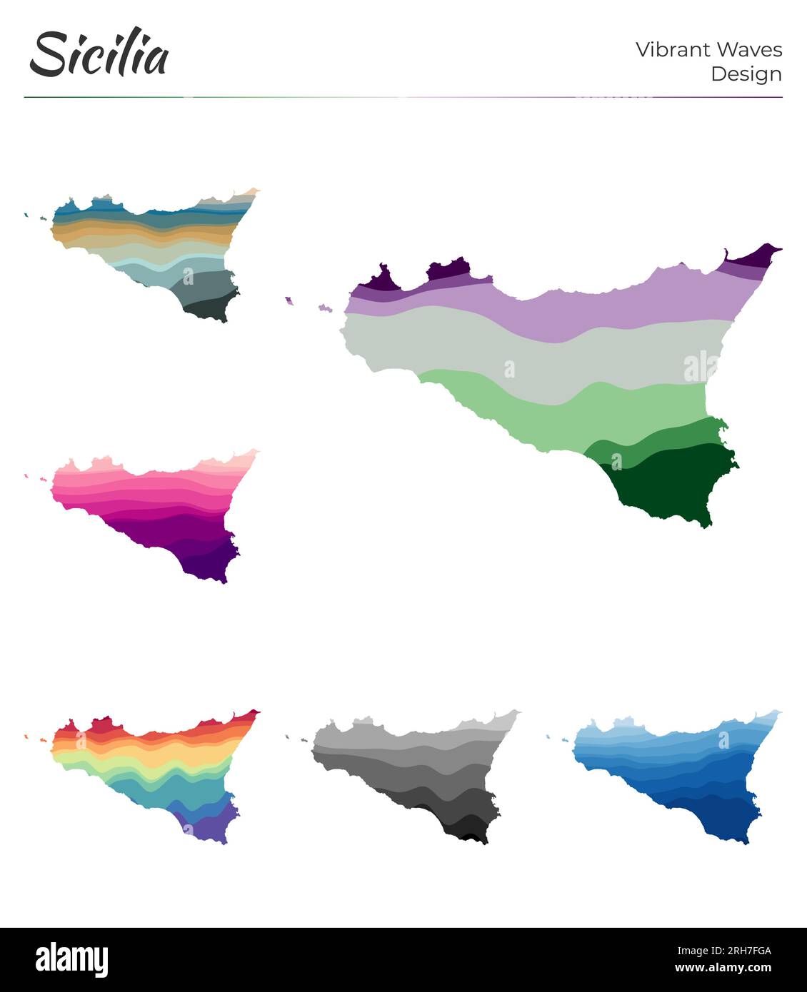 Set of vector maps of Sicily. Vibrant waves design. Bright map of ...