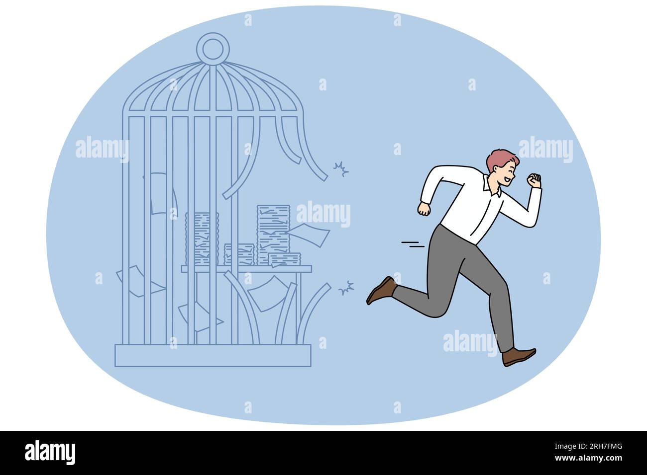 Happy businessman escape cage with paperwork quit office job. Excited ...