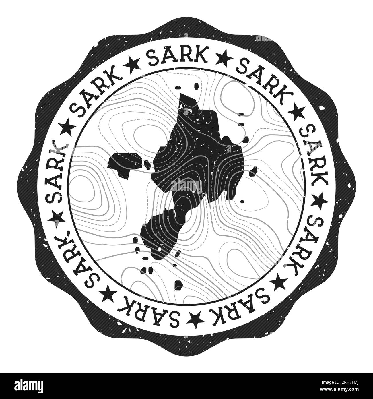 Sark outdoor stamp. Round sticker with map of island with topographic ...