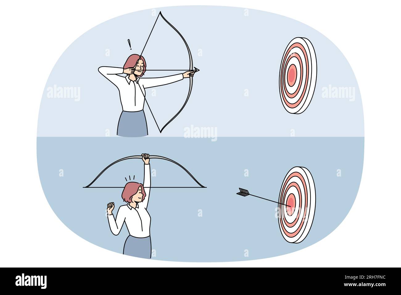 Woman with bow and arrows shooting target. Successful businesswoman win ...