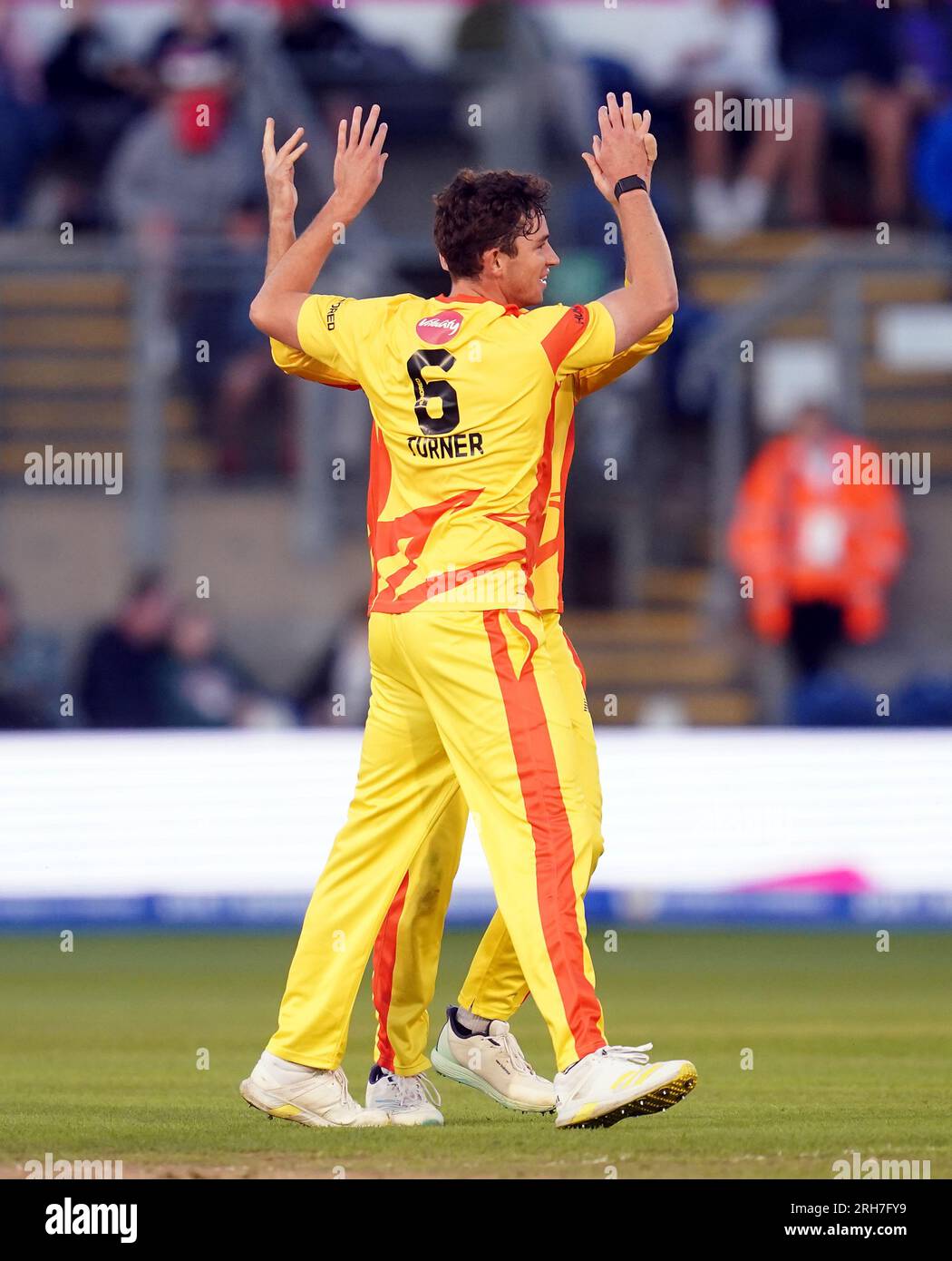 Trent Rockets' John Turner celebrates with team-mates after taking the ...