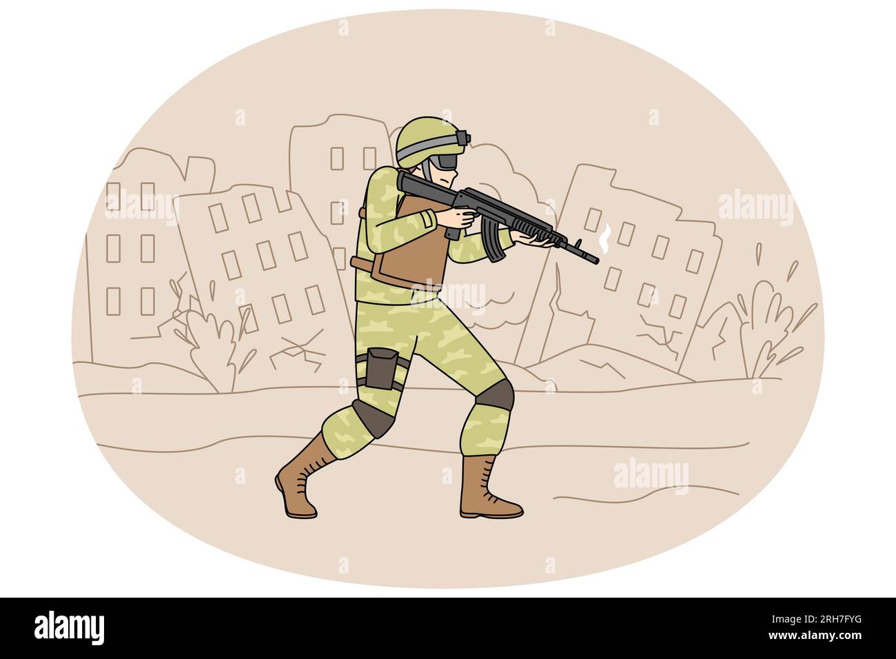 Soldier in uniform with gun walking destroyed city protecting land ...