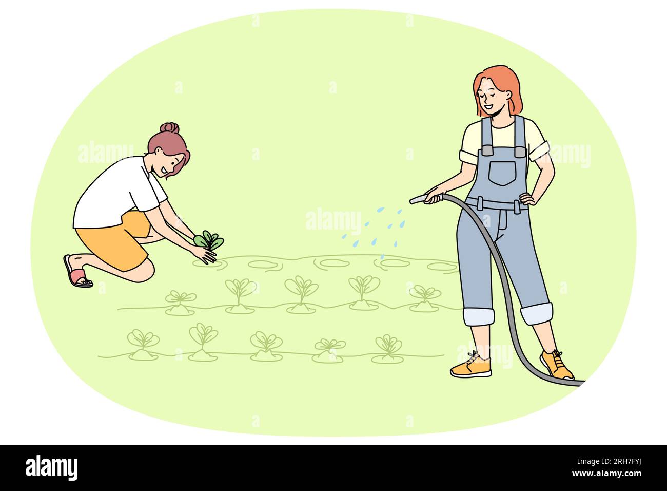 Young women working in garden watering plants together. Female cartoon ...