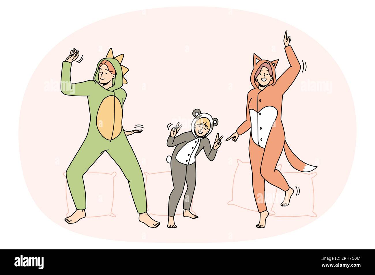 People In Kigurumi Pajamas Have Fun Dancing Indoors Smiling Adults And