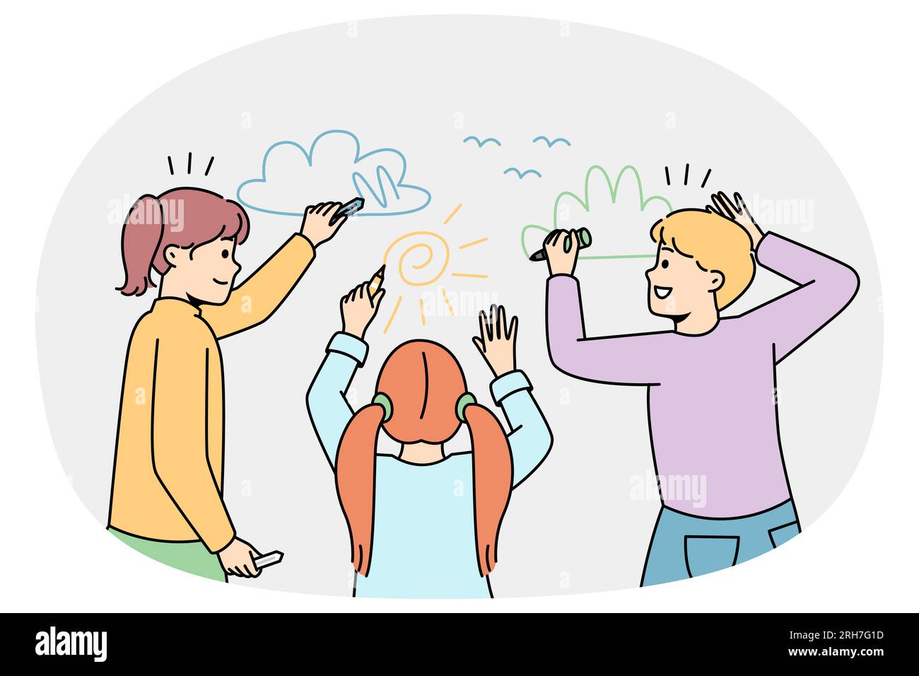 Happy children drawing together on white wall. Smiling kids painting ...