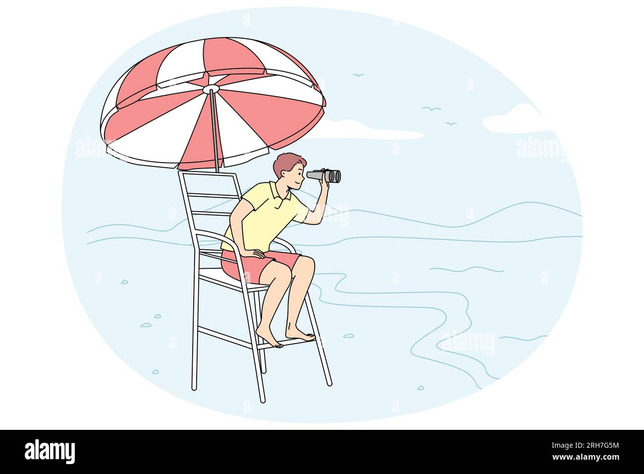 Male lifeguard sitting on chair on beach looking in binoculars. Man ...