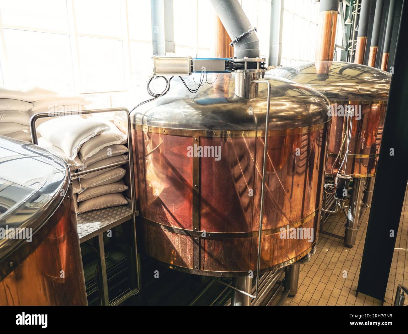 Micro Brewery and equipment. Round copper storage tanks for beer ...