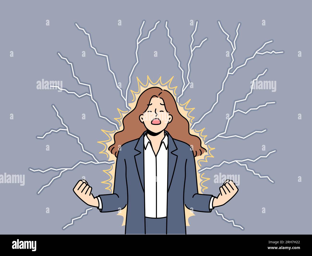 Young angry woman stands among lightning bolts and is nervous about ... Young angry woman stands among lightning bolts and is nervous about ...