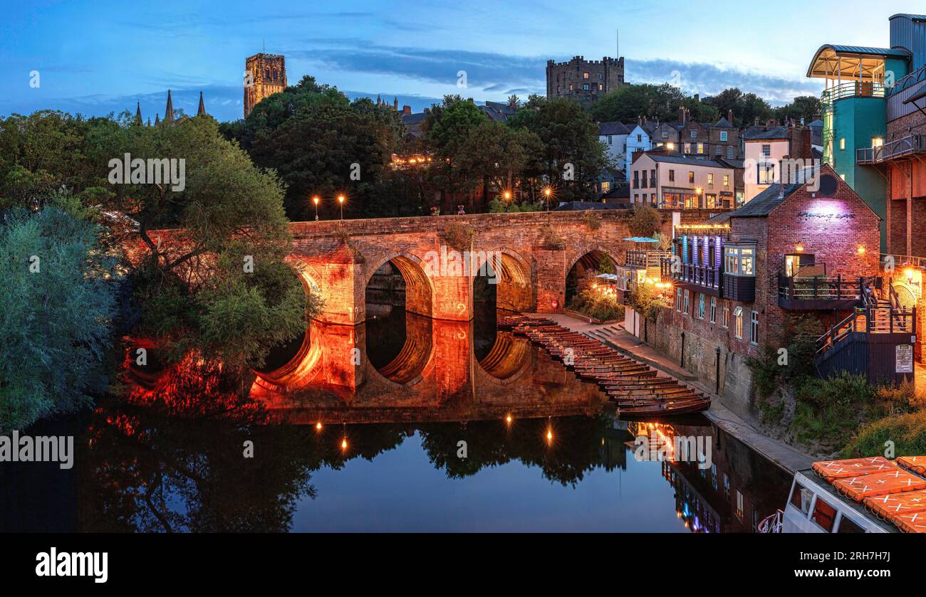 A twilight view in summer in Durham City looking across floodlit Elvet ...