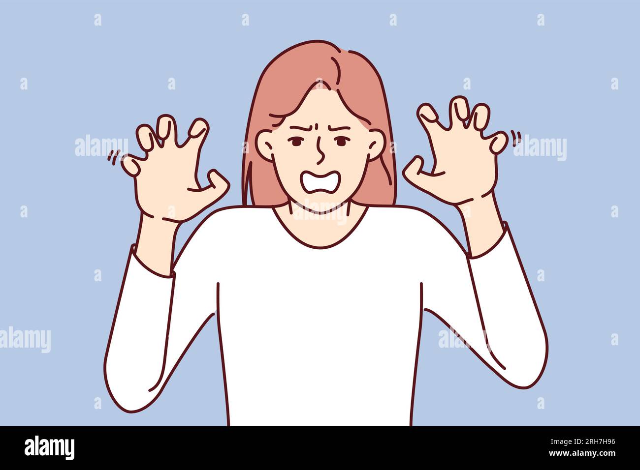 Nervous woman bares teeth and shows nails assuming cat pose ...