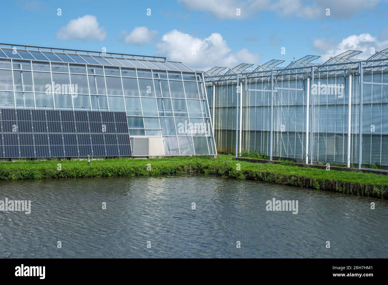 Perspective view of a modern industrial greenhouse with solar panels on ...