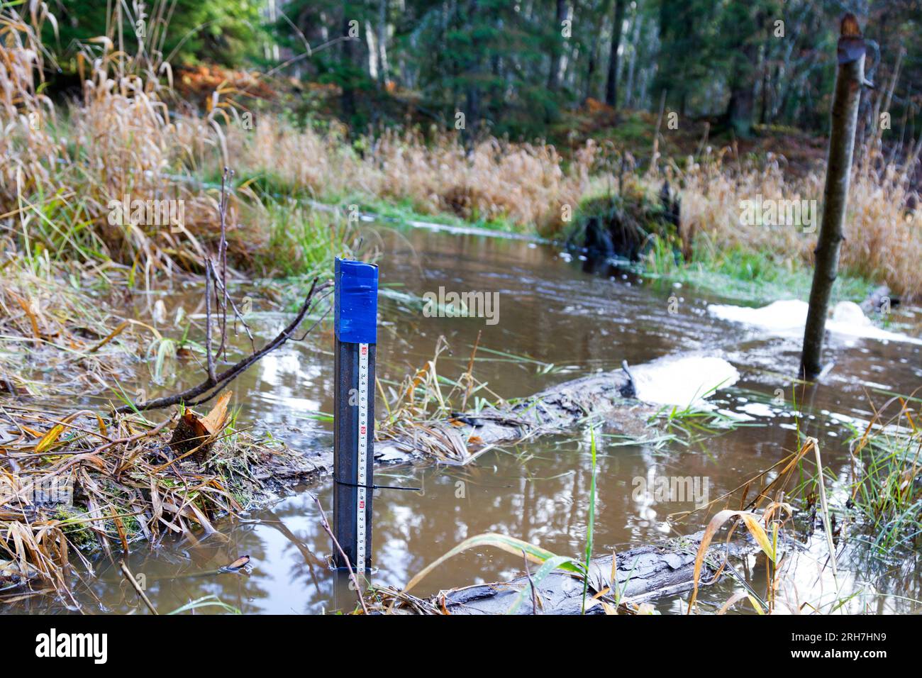 Hydrology. Water level scale (river gauging station) is installed on a ...