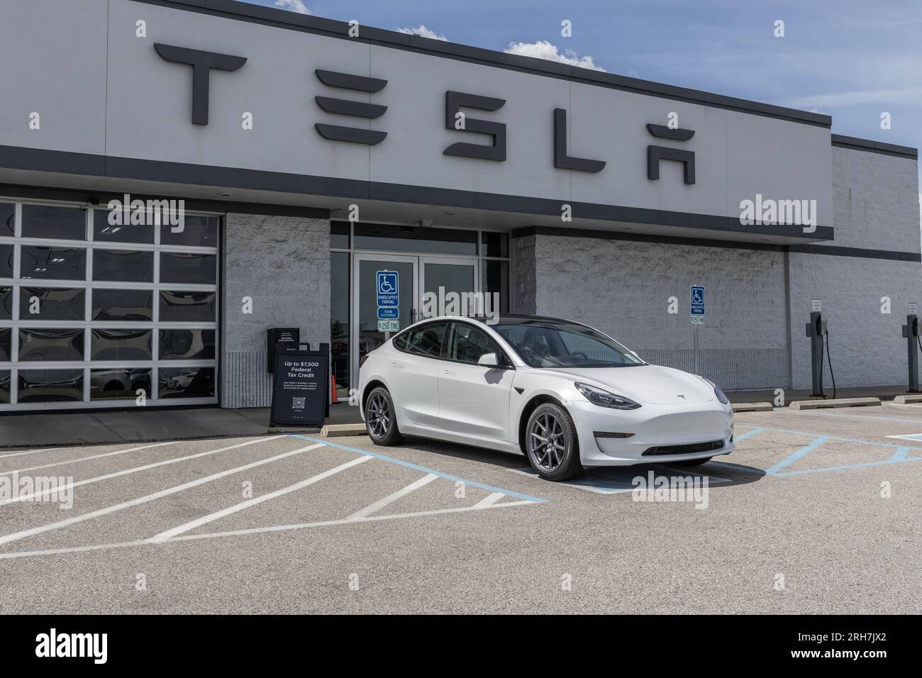 Indianapolis - August 13, 2023: Tesla Model 3 EV electric vehicle on ...