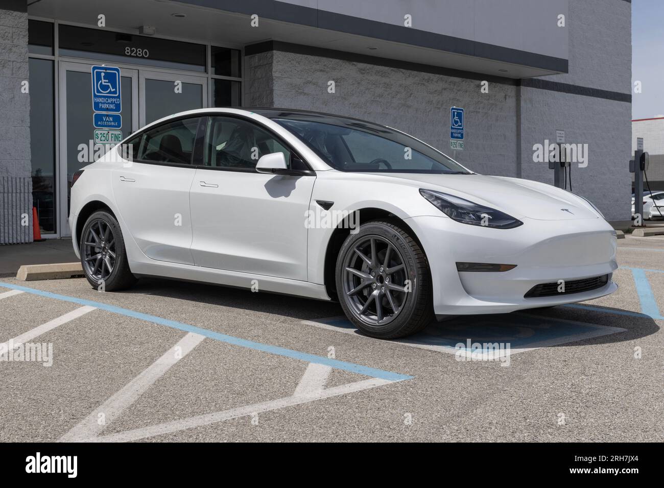 Indianapolis - August 13, 2023: Tesla Model 3 EV electric vehicle on ...
