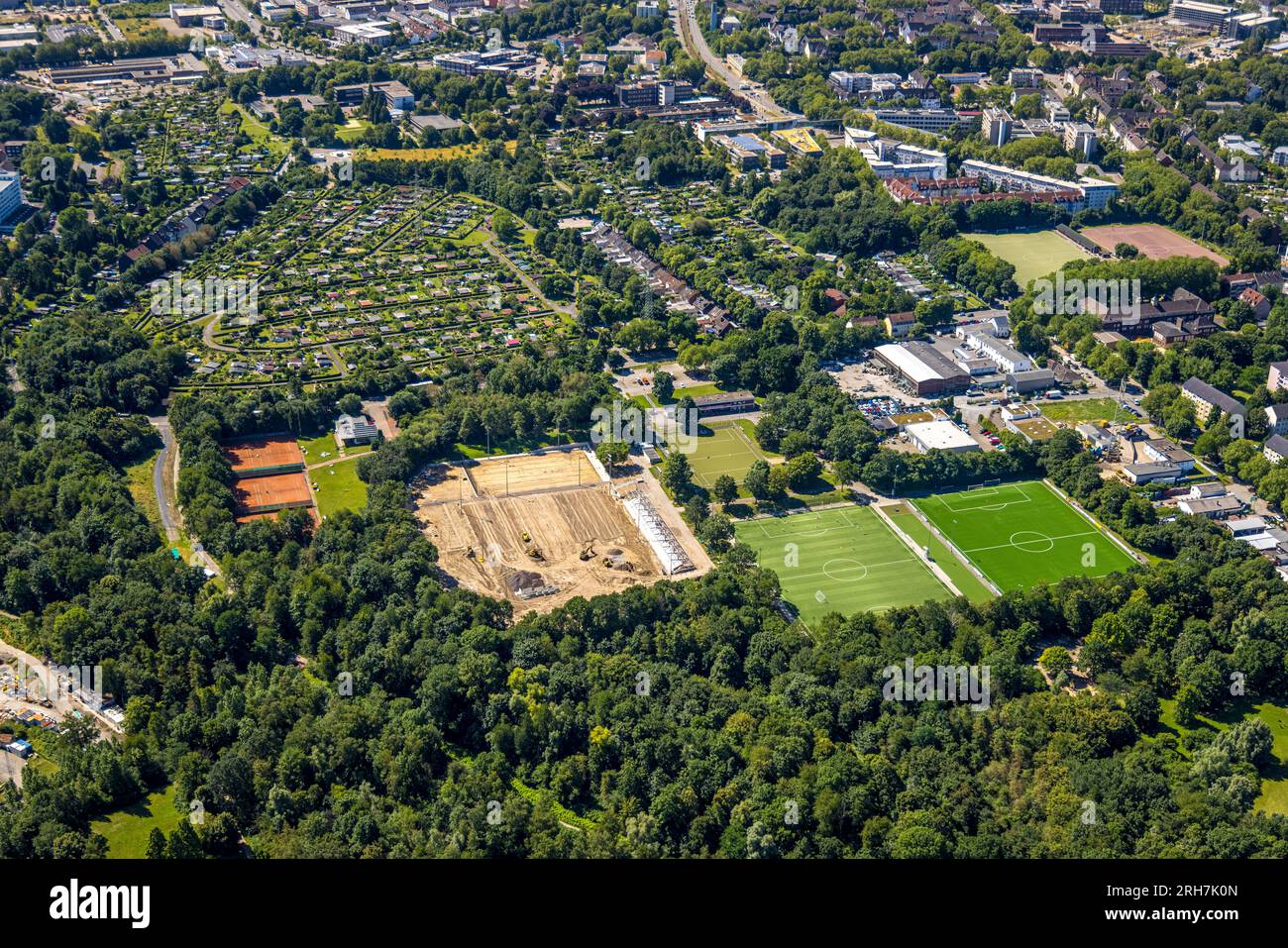 Aerial view, construction site nit new construction sports field at the ...