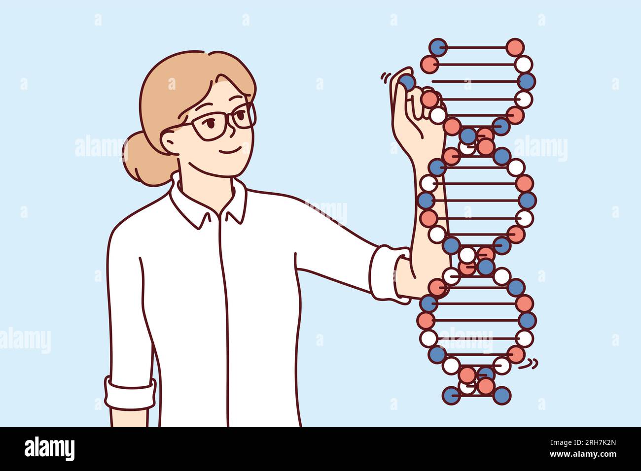 Woman geneticist studies DNA chain standing near genome molecule and ...